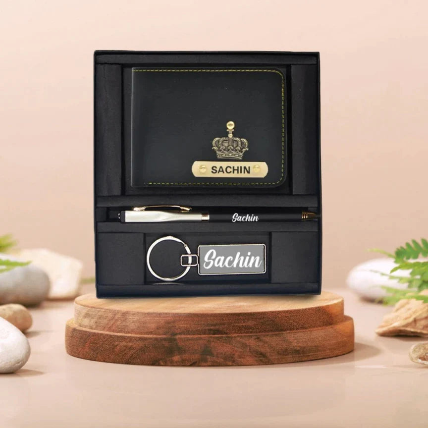 Personalised Leather Wallet + Pen & keychain Combo - Black | Your Gift ...