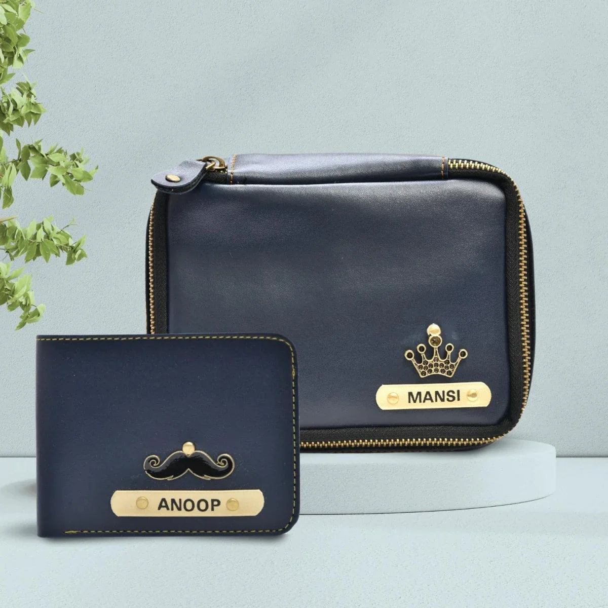 Personalized Couple's Combo | Mini Makeup Kit & Men's Wallet- Royal Blue