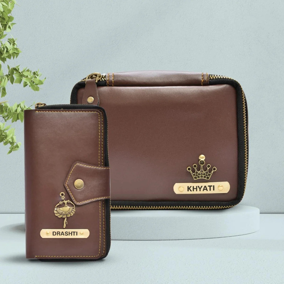 Customised Women's Combo|Premium Lady Wallet & Mini Makeup Kit - Brown