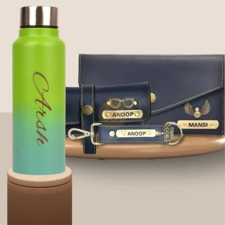 Personalized Women's Gift Combo with Bottle- Blue | Your Gift Studio